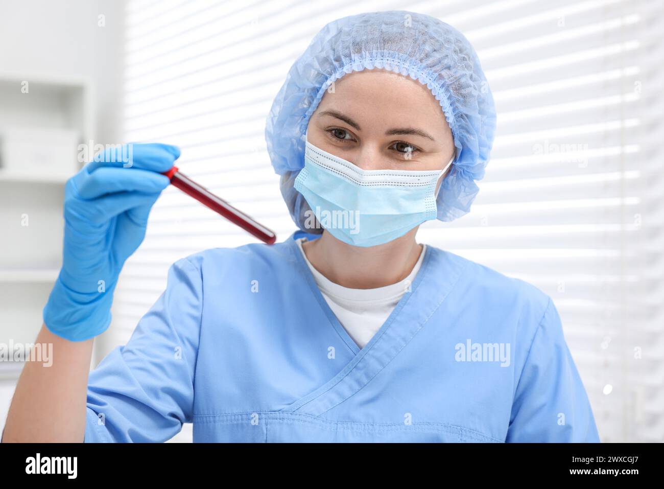 Laboratory testing. Doctor with blood sample in tube at hospital Stock ...