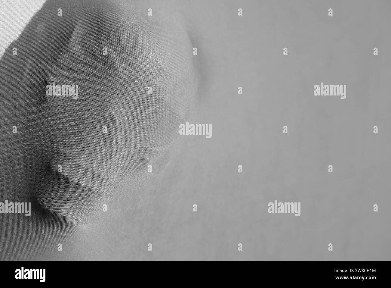 Silhouette of creepy ghost with skull behind cloth, space for text ...