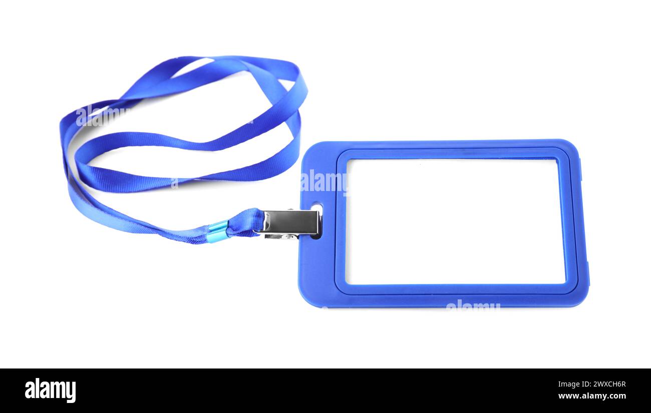 Blank blue badge with string isolated on white Stock Photo - Alamy