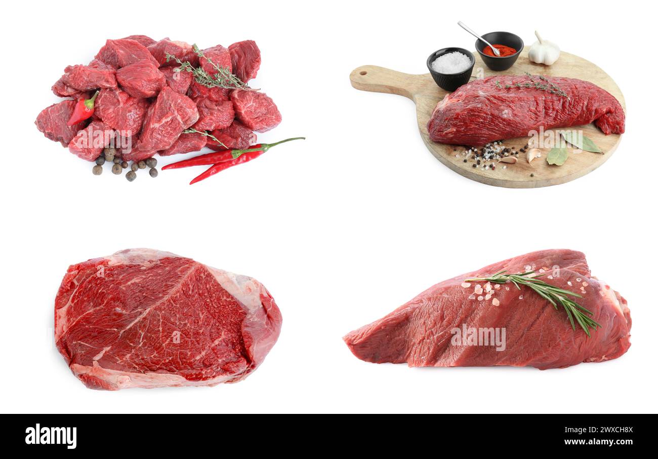 Many different fresh beef meat pieces isolated on white, set Stock ...
