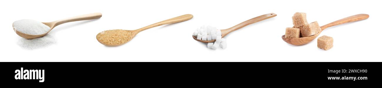Different sugar (granulated and cubes) in spoons isolated on white, set ...