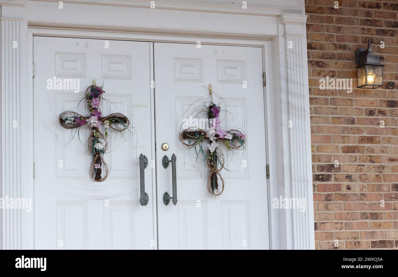 Double Doors With Cross Decorations at Rural East Texas Church Stock ...