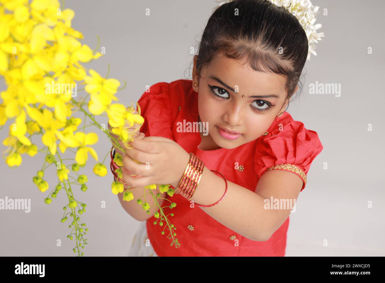 A cute small girl child wearing Kerala dress-golden colour long skirt and red blouse with golden ...
