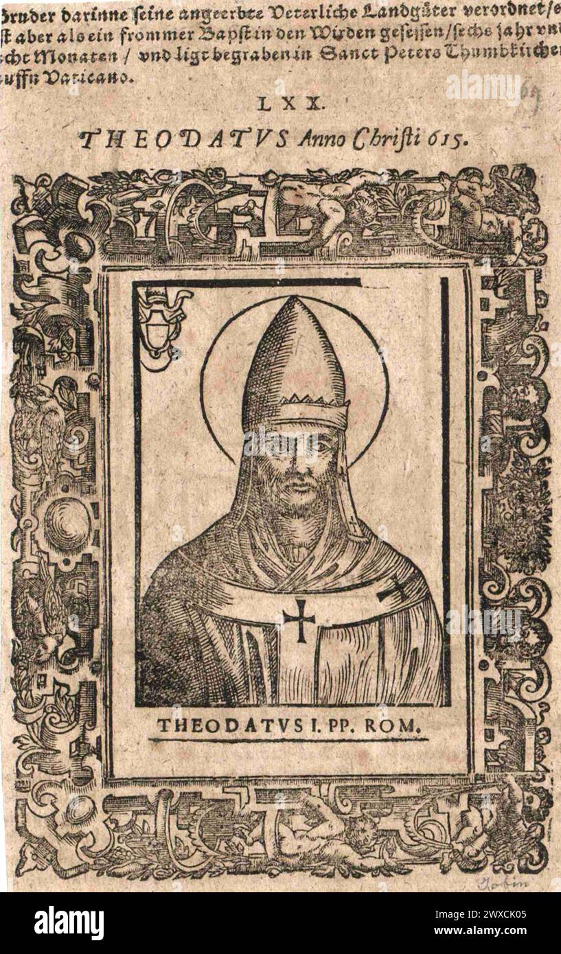 A 16th Century engraving of Pope Adeodatus I who was pontiff from AD615 ...