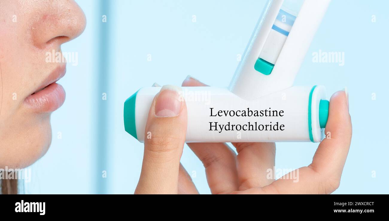 Levocabastine hydrochloride medical inhaler, conceptual image. A ...