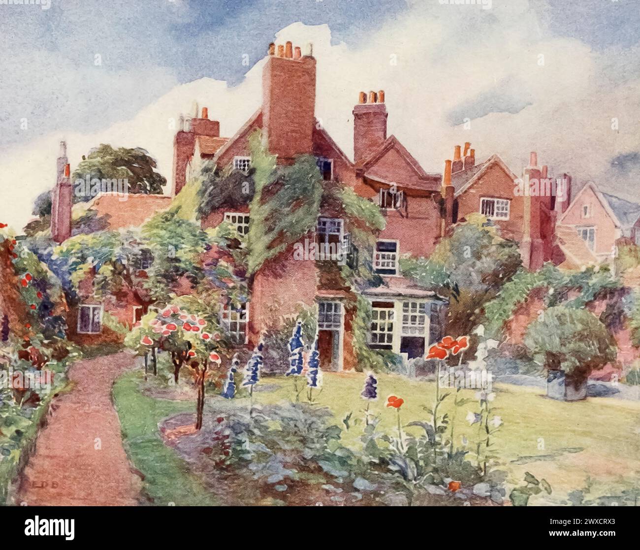 Illustration of Weston's Yard at Eton College, UK. Watercolour by Edith ...