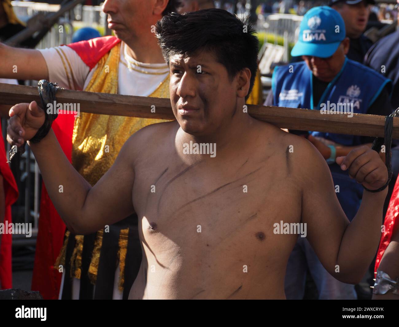 Lima, Peru. 29th Mar, 2024. Catholic devotee with his body flagellated ...