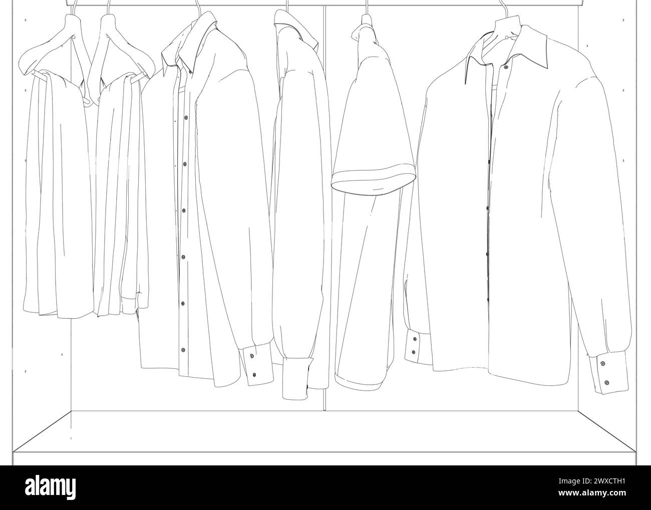Outline of clothes on a hanger made of black lines isolated on a white background. Clothes hang ...