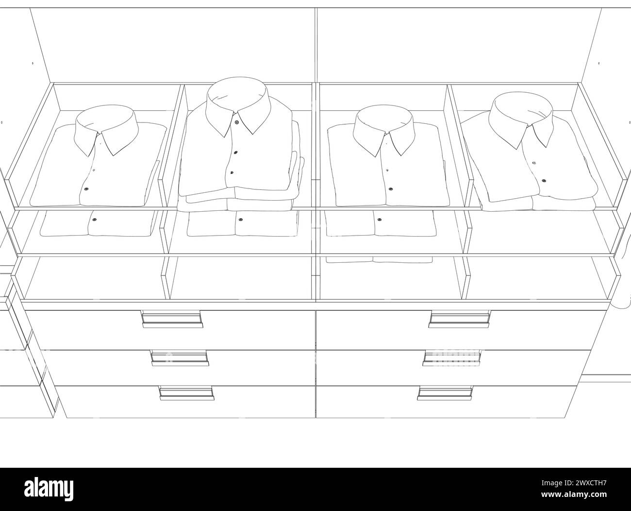 Outline of folded shirts lying on a display window made of black lines ...