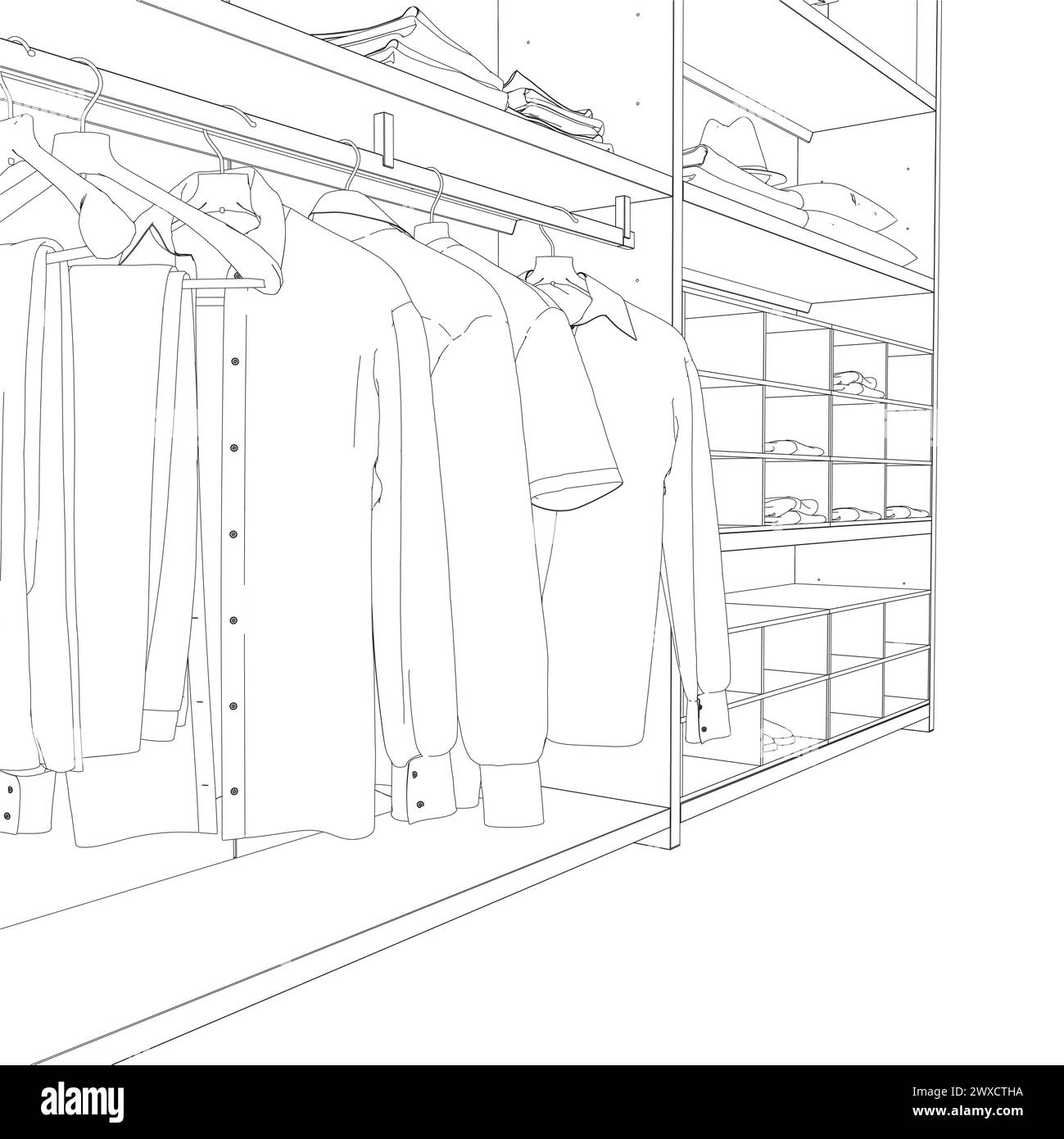 Outline of clothes on a hanger made of black lines isolated on a white background. Clothes hang ...