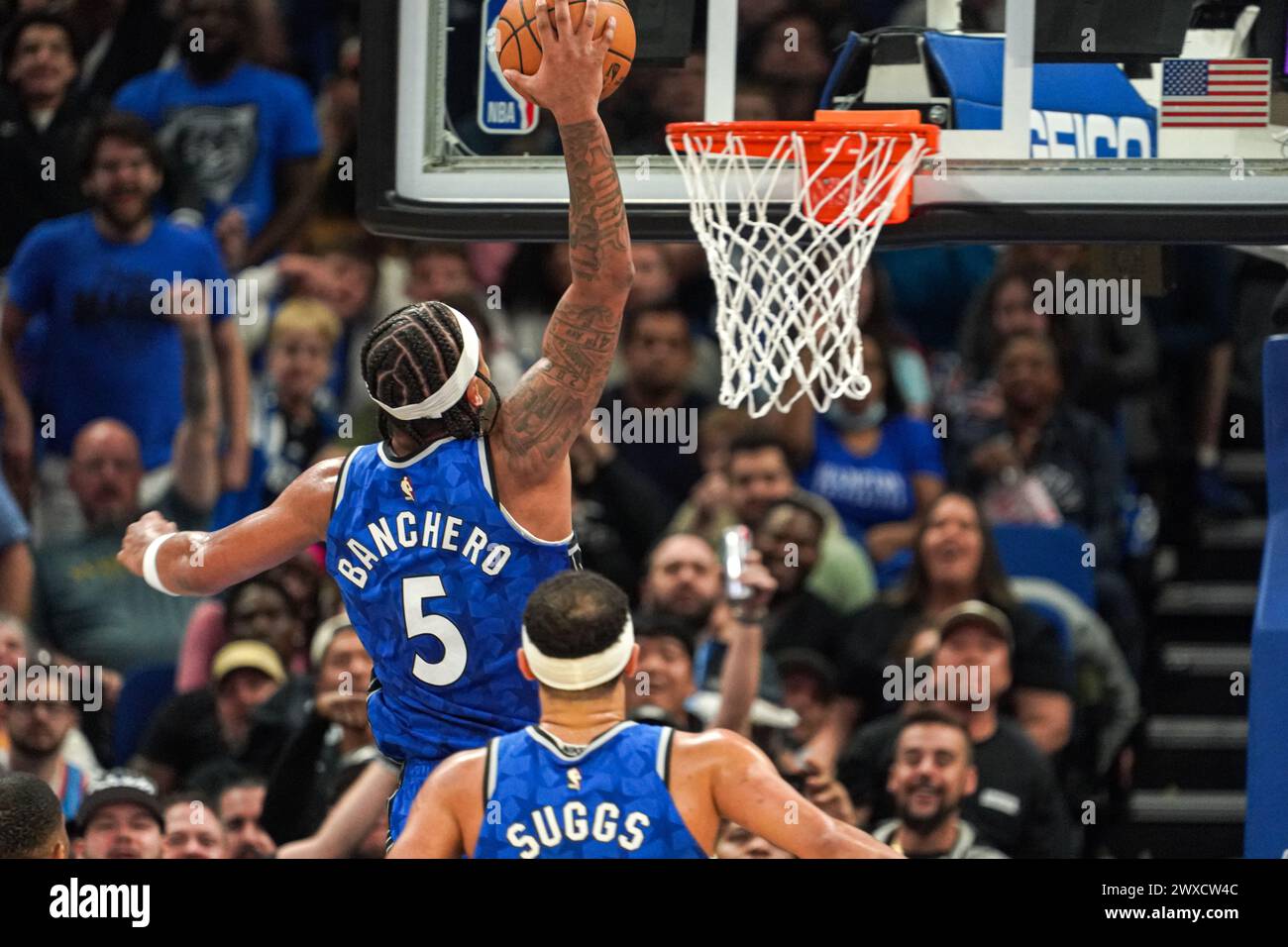 Orlando, Florida, USA, March 29, 2024, Orlando Magic forward Paolo Banchero #5 makes a dunk at ...