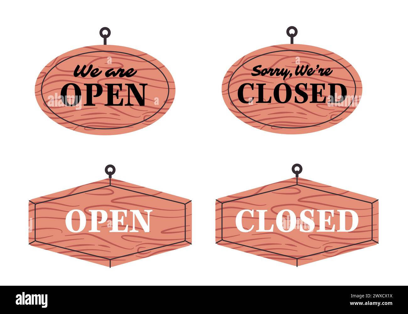 open closed wooden sign board store front tag round shape close Stock ...