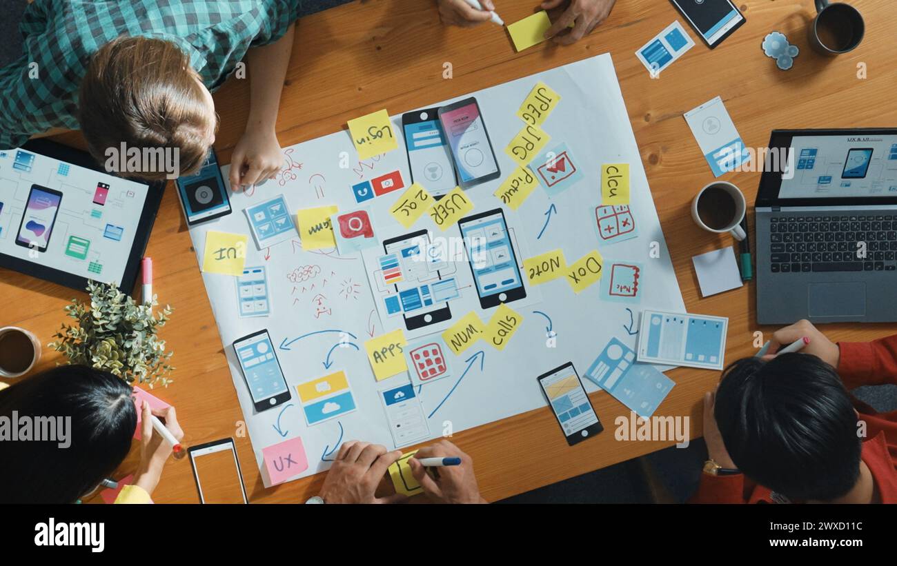 Top view of developer team sharing idea of Ux Ui design by using mind map. Top down view of ...