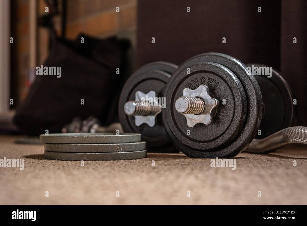 Old used gym weights. Close up on worn dumbbell, fitness equipment in ...