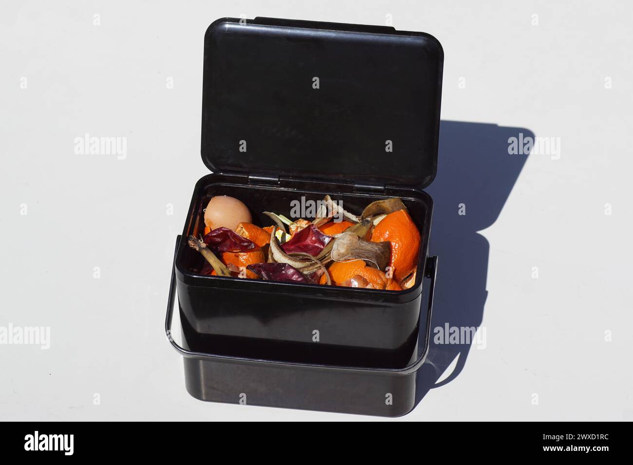 Black kitchen compost bin with kitchen waste such as egg shell ...