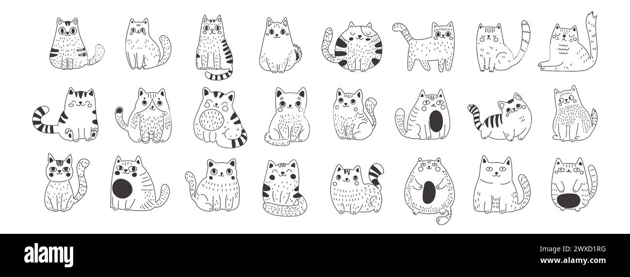 Large set of cats in linear style. Cute funny fluffy cats. Ideal for ...