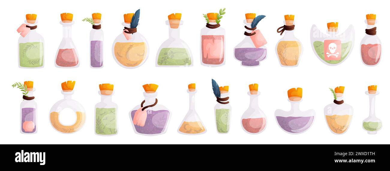 Set of twenty Magic bottles for witchcraft. Game potion. Cartoon elixir ...