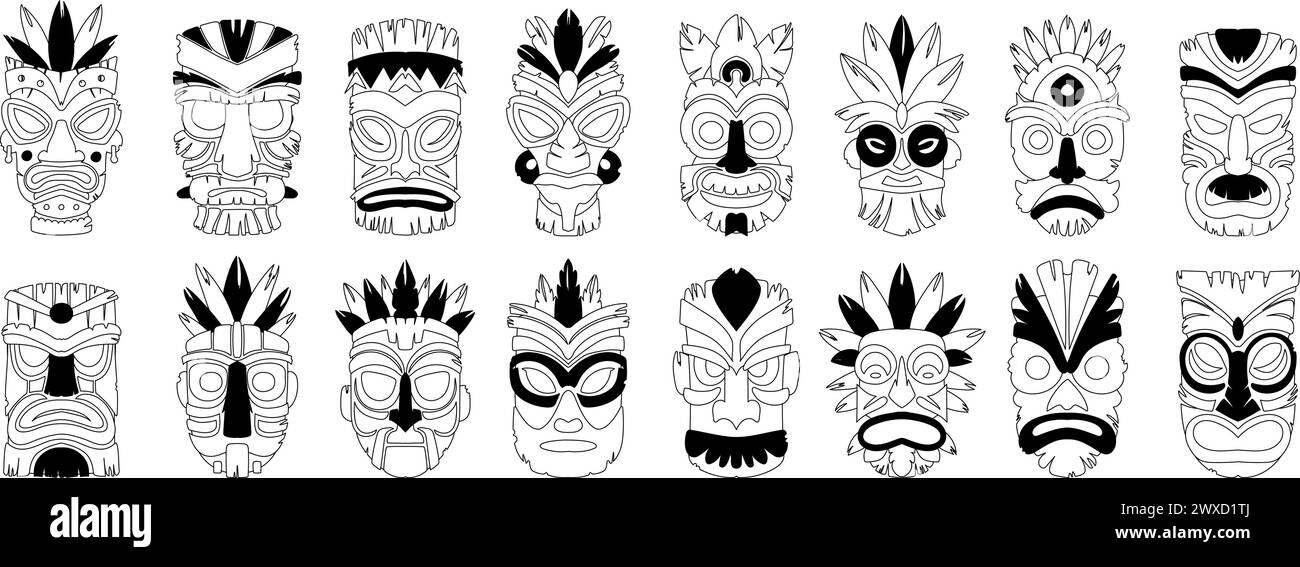 Set of sixteen tiki masks. Black and white linear style ceremonial tiki ...