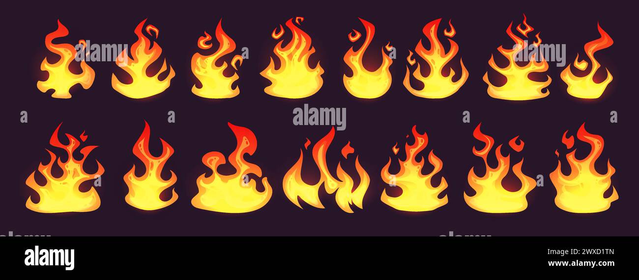 Set of red and orange flames. Collection of hot glowing element. Fire ...
