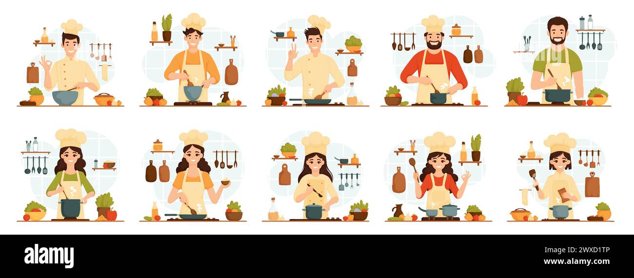 Collection of various male and female chefs who prepare food. Smiling ...