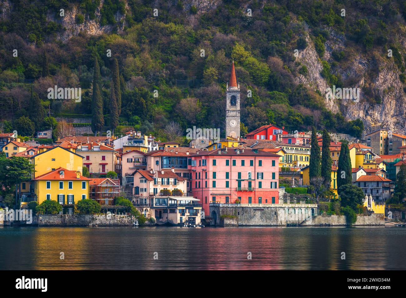 Varena old town on Lake Como, Italy with mountains in the background ...