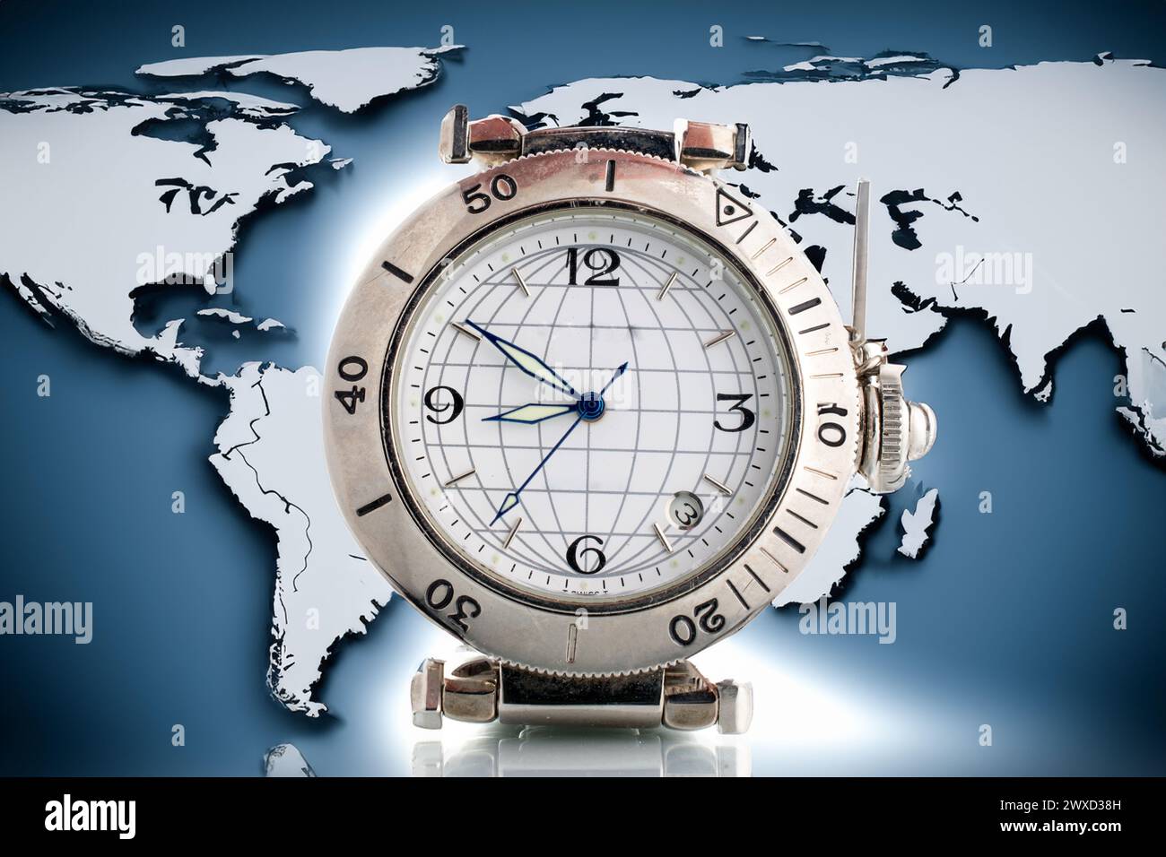 One time dial on the background of a world map Stock Photo - Alamy