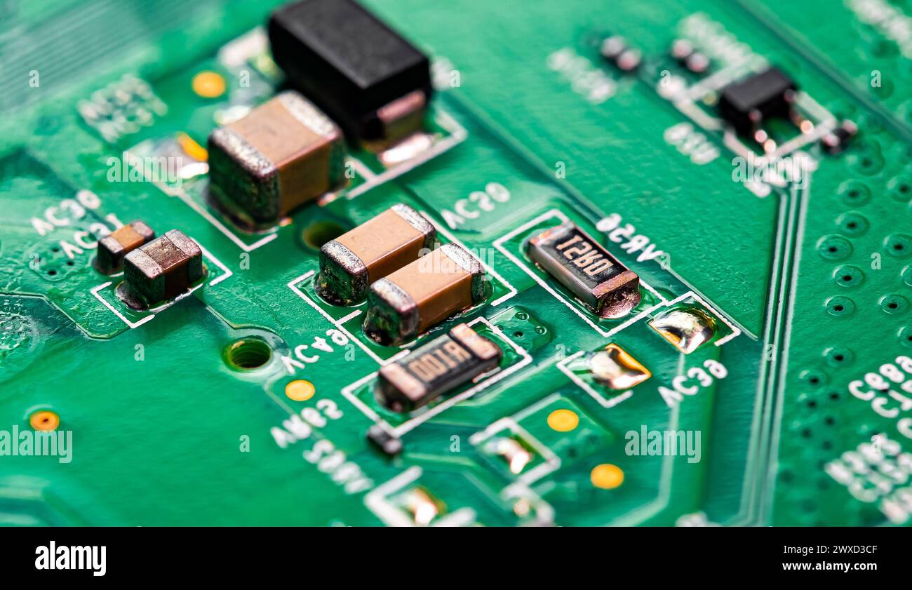 Macro Close up of printed wiring on PC circuit board of modem router ...