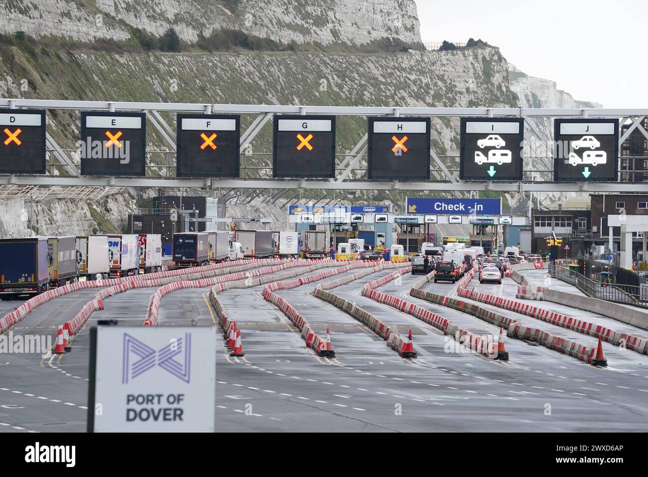 Passengers queue for ferries at the Port of Dover in Kent as the ...