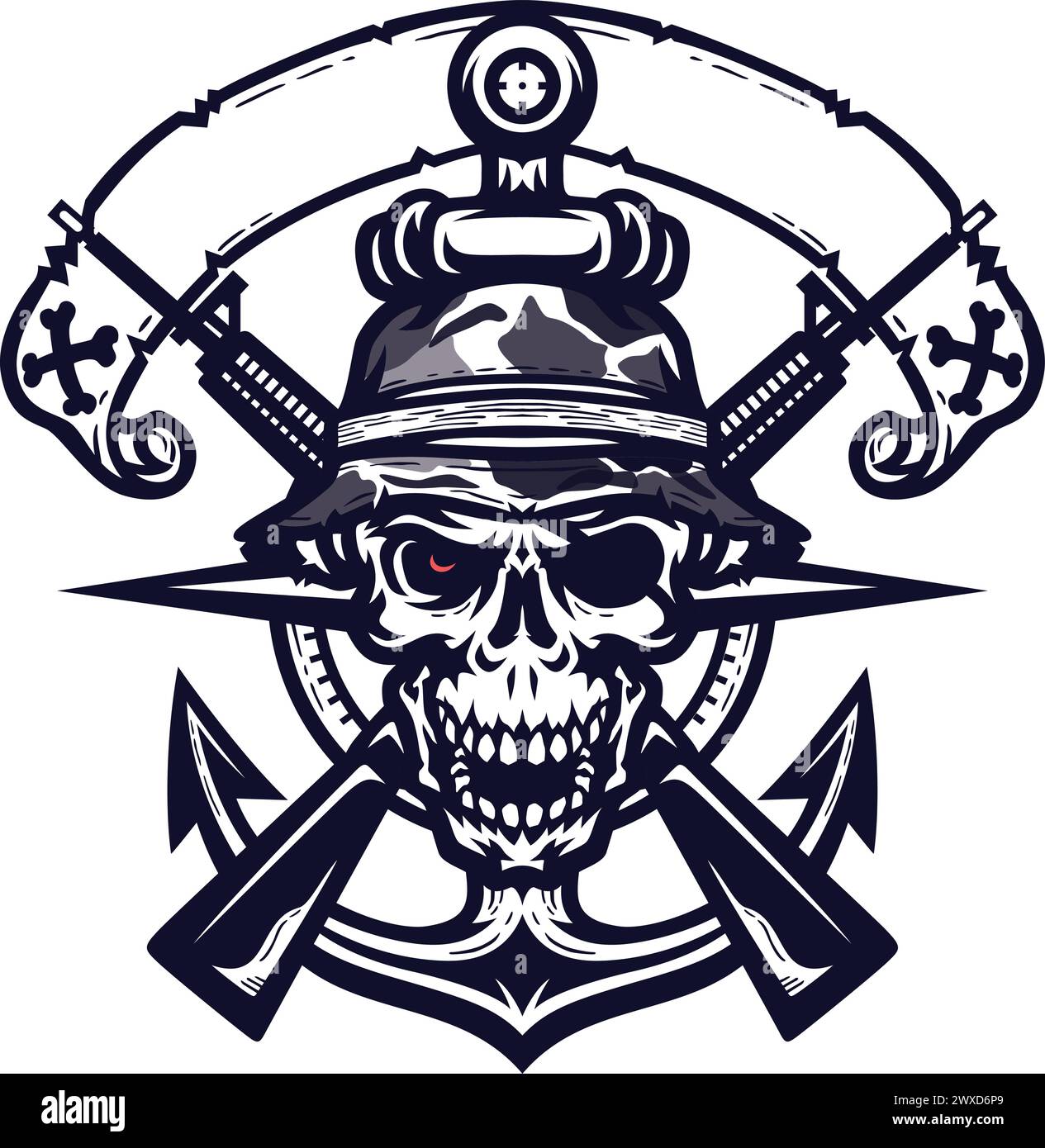 Aggressive Skull with Rifle, Anchor, Compass Rose Logo Design Stock ...