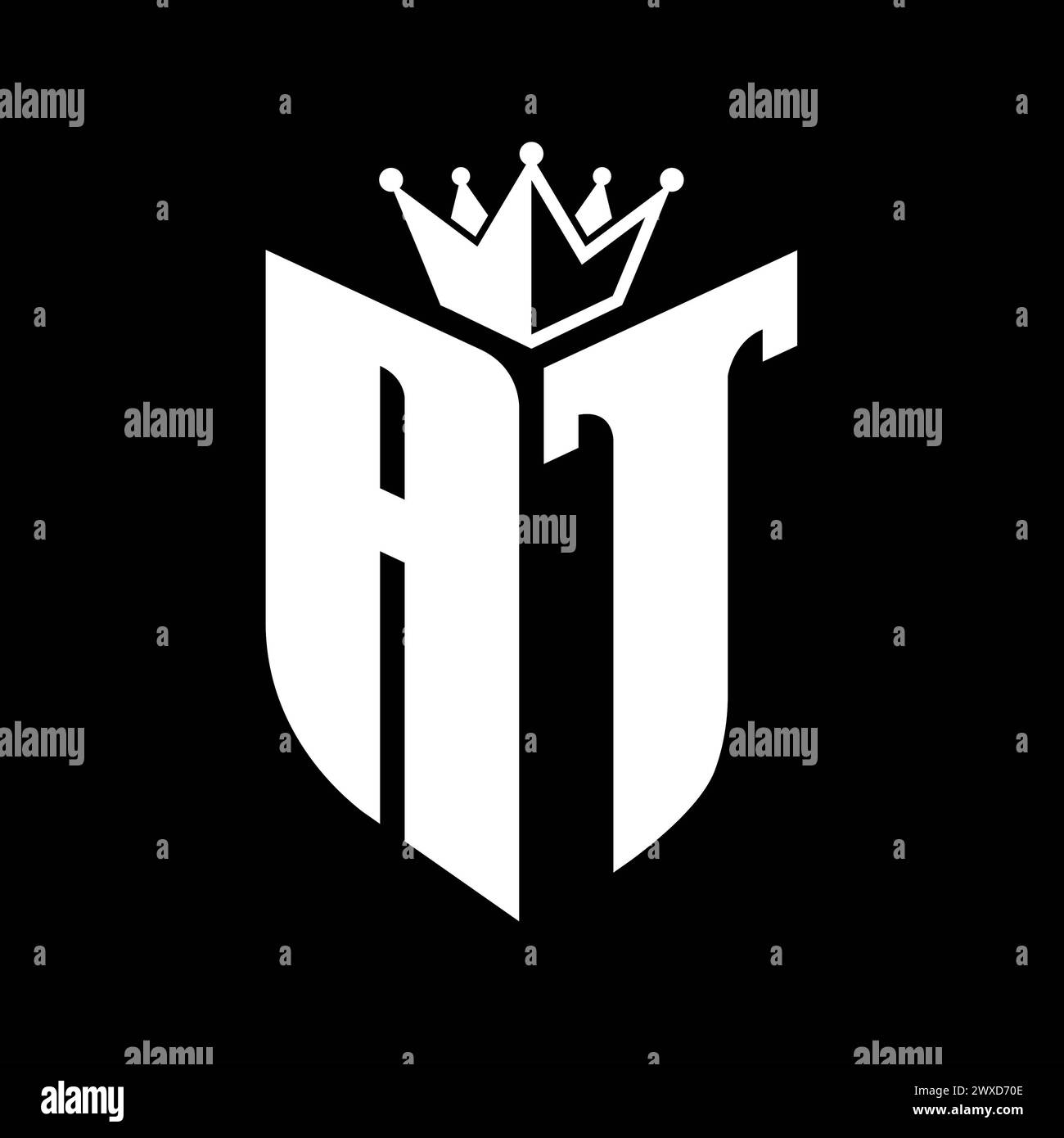 AT Letter monogram with shield shape with crown black and white color ...