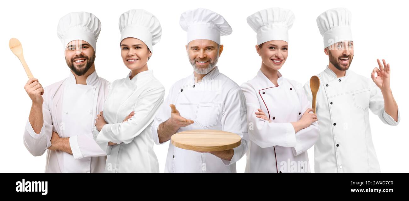 Chefs in uniforms on white background, set with photos Stock Photo - Alamy
