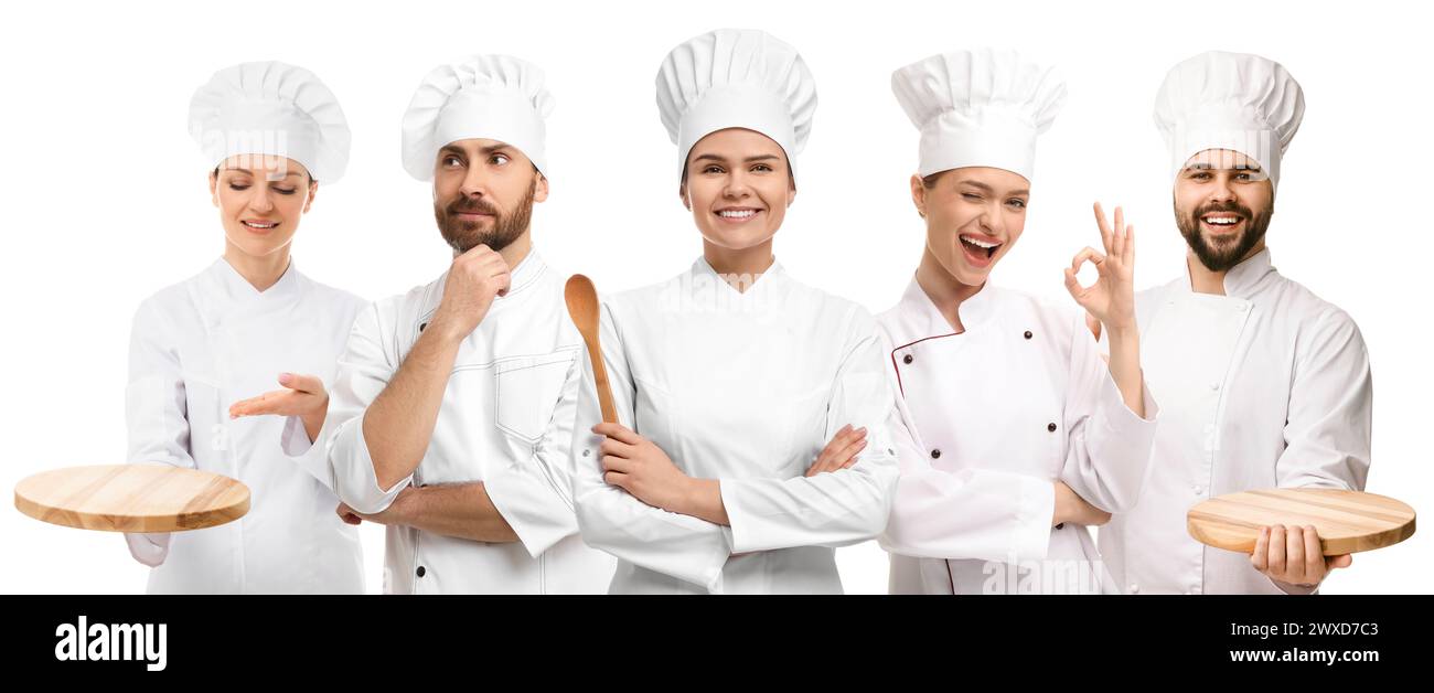 Chefs in uniforms on white background, set with photos Stock Photo - Alamy