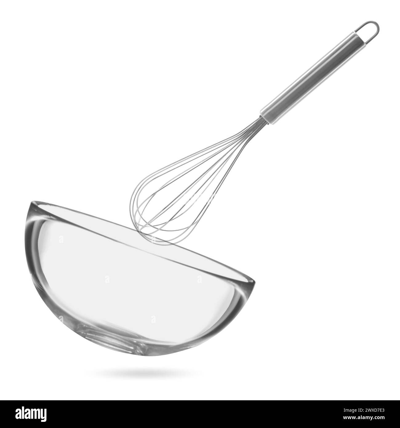 Metal whisk and glass bowl in air on white background. Cooking utensils ...