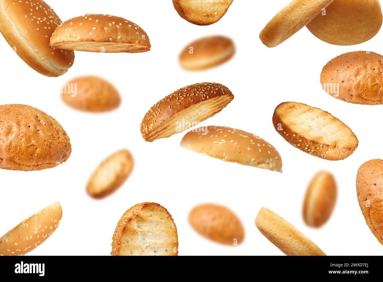 Fresh burger buns falling on white background Stock Photo - Alamy