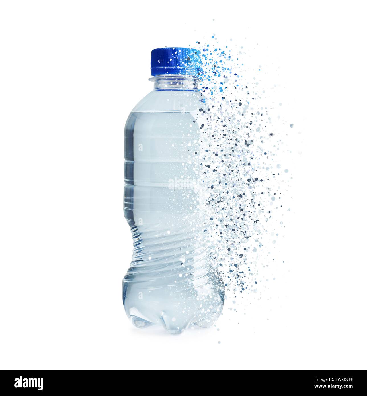 Bottle of water vanishing on white background. Plastic decomposition ...