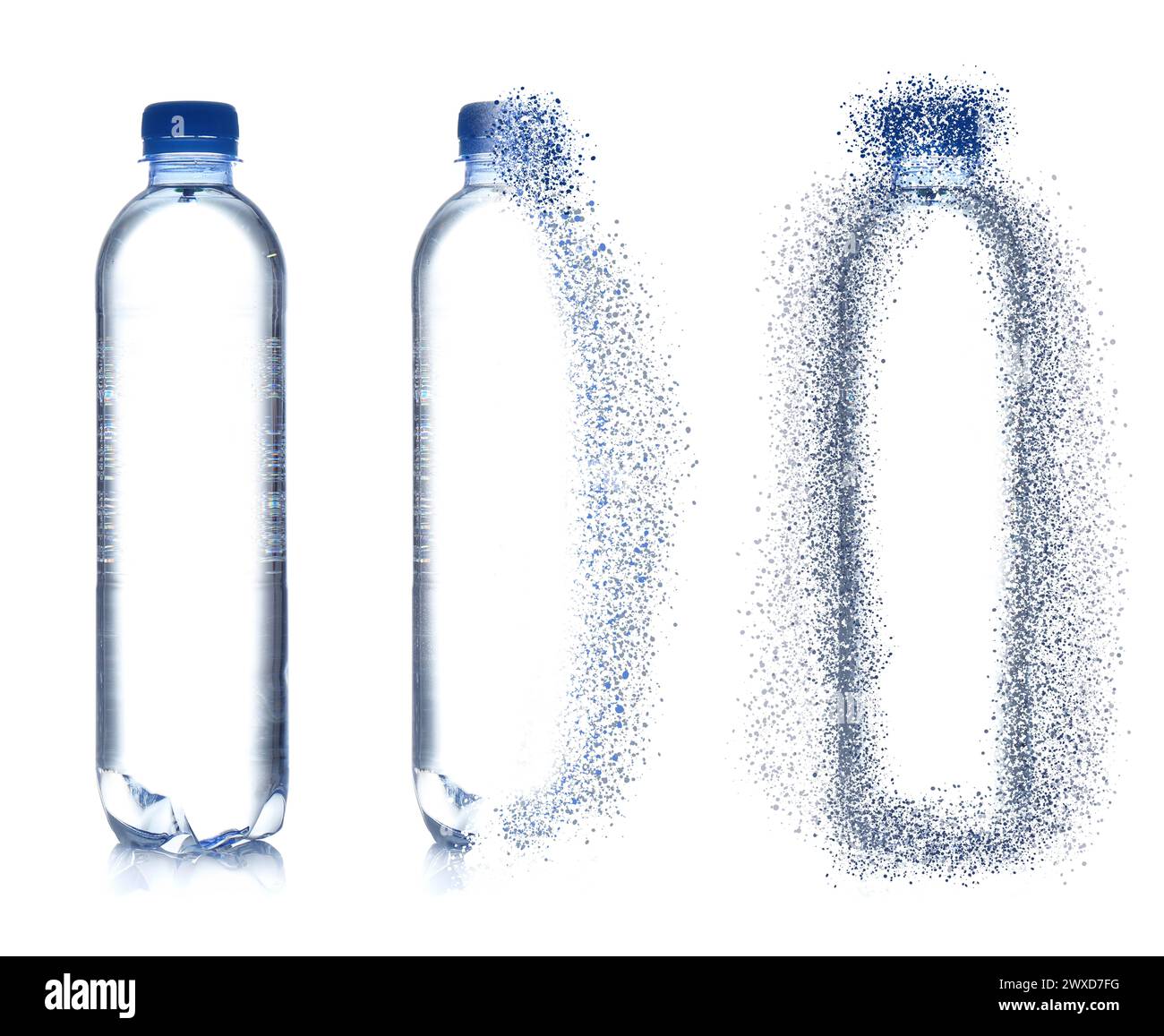 Bottle of water vanishing on white background, set. Plastic ...