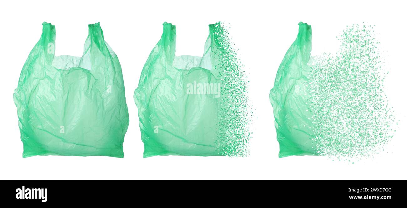 Green disposable bag vanishing on white background, set. Plastic ...