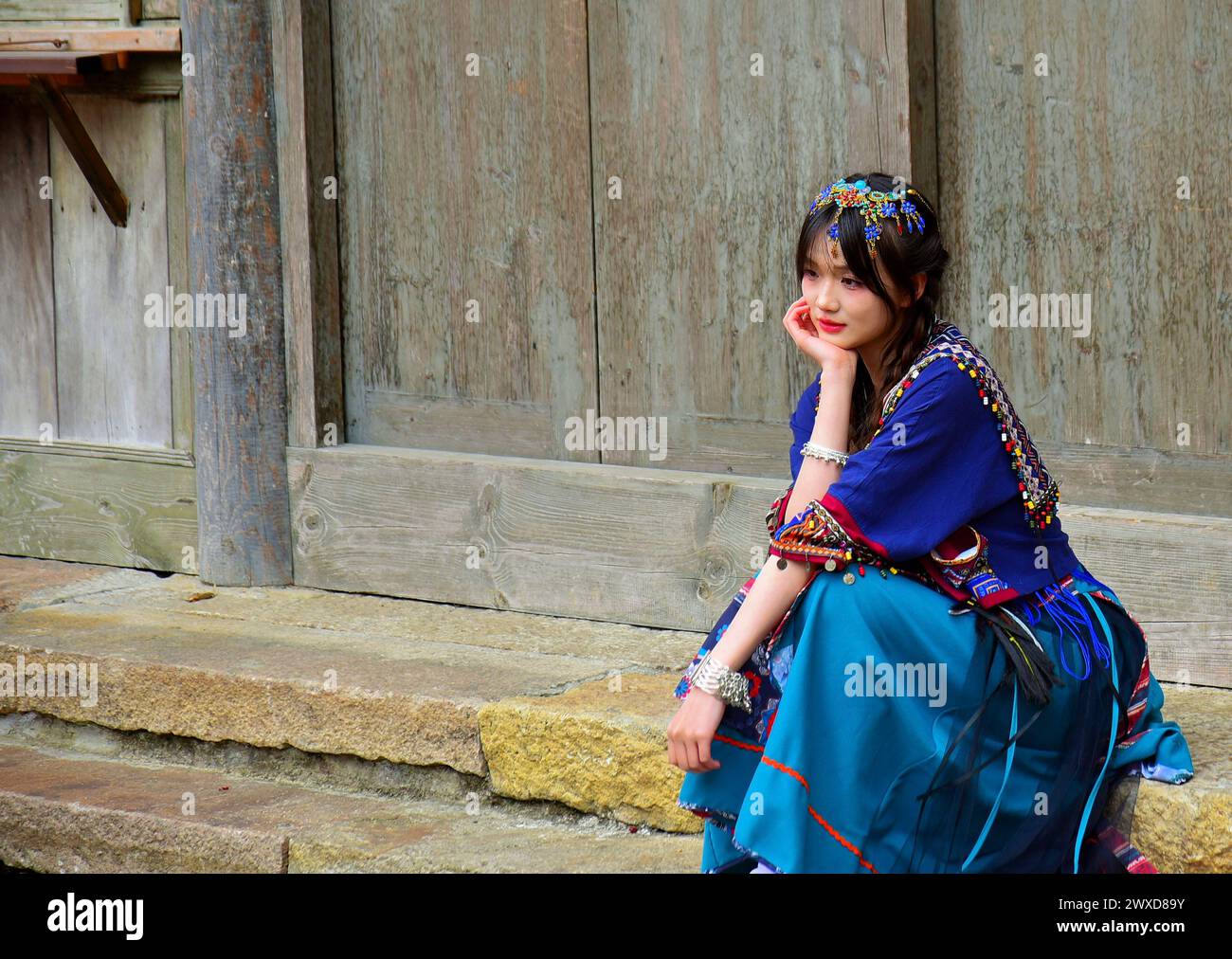 Beautiful girl in traditional minority Miao ethnic costume in Wujiang ...