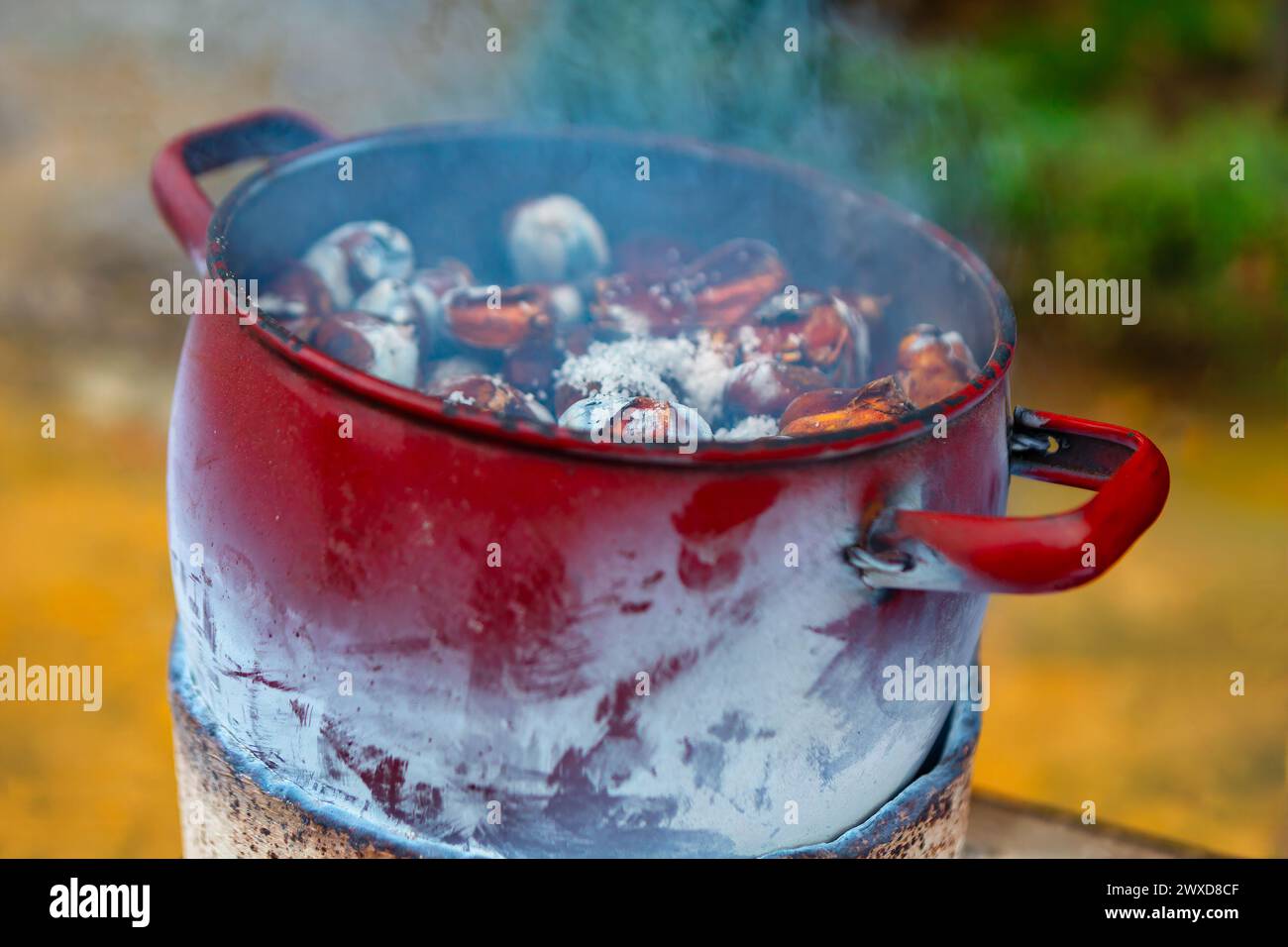 Cooking in a cauldron with chestnuts on the fire Stock Photo - Alamy