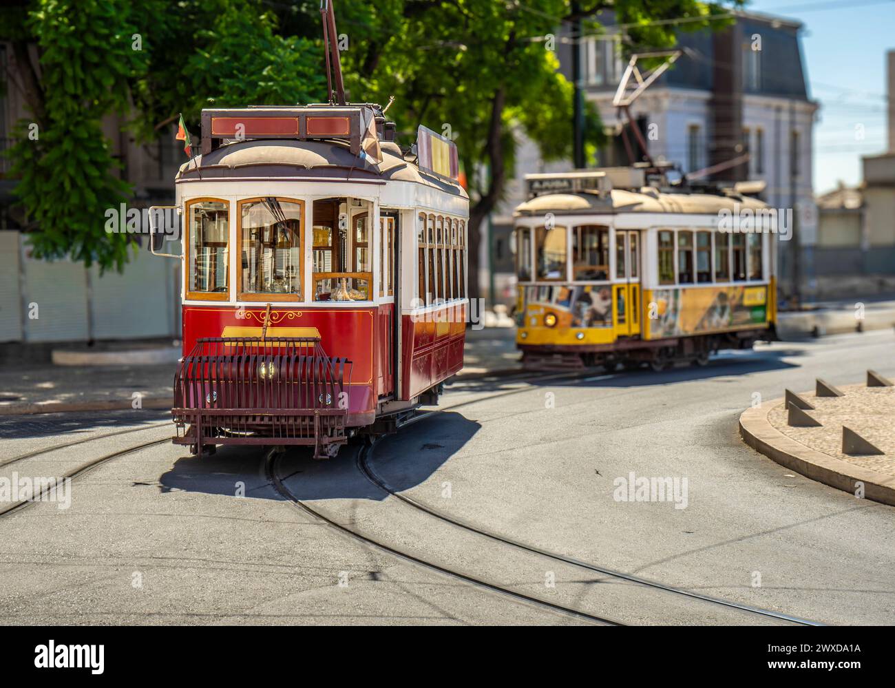 Famous and typical vintage old red tram, beautifully decorated and ...