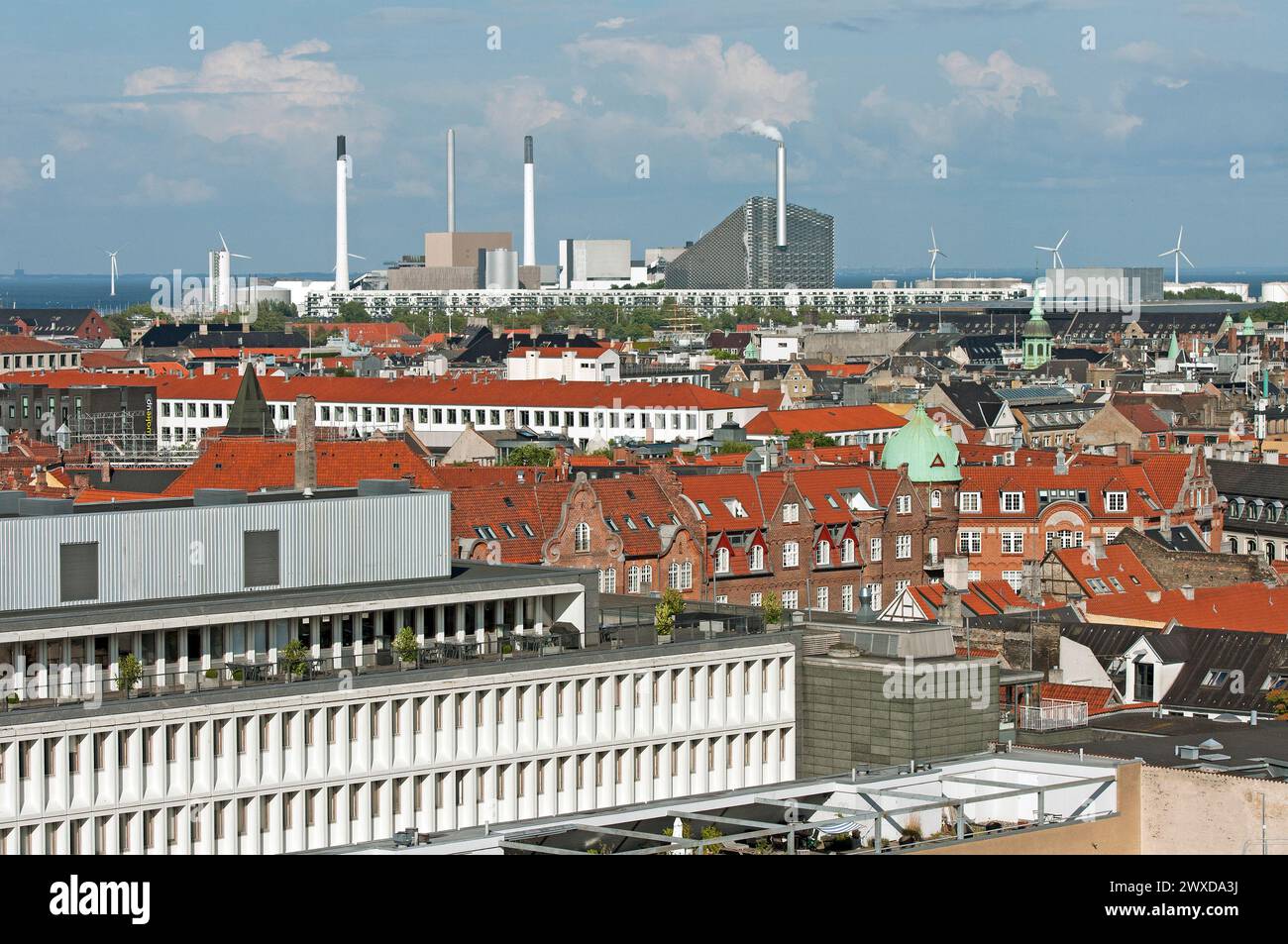 Copenhagen city view with wind turbines and Copenhill waste-to-energy ...
