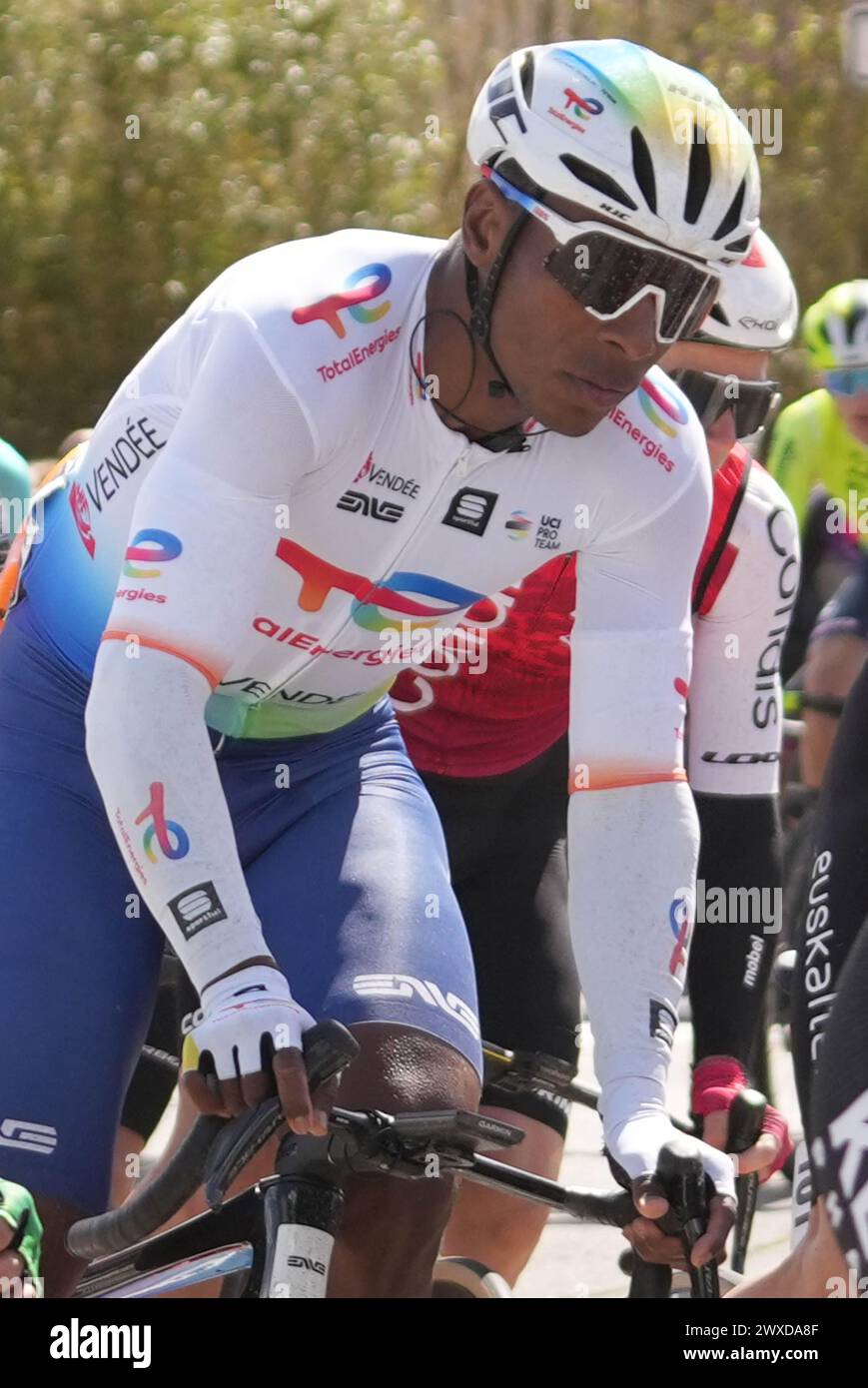 Vitre, France. 29th Mar, 2024. Lorrenzo Manzin of TotalEnergie during ...