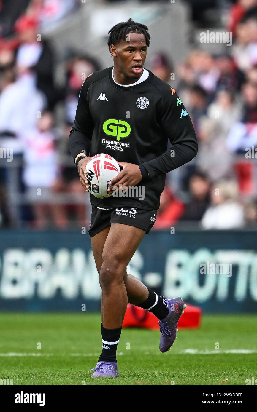 Junior Nsemba of Wigan Warriors during pre match warm up ahead of the ...