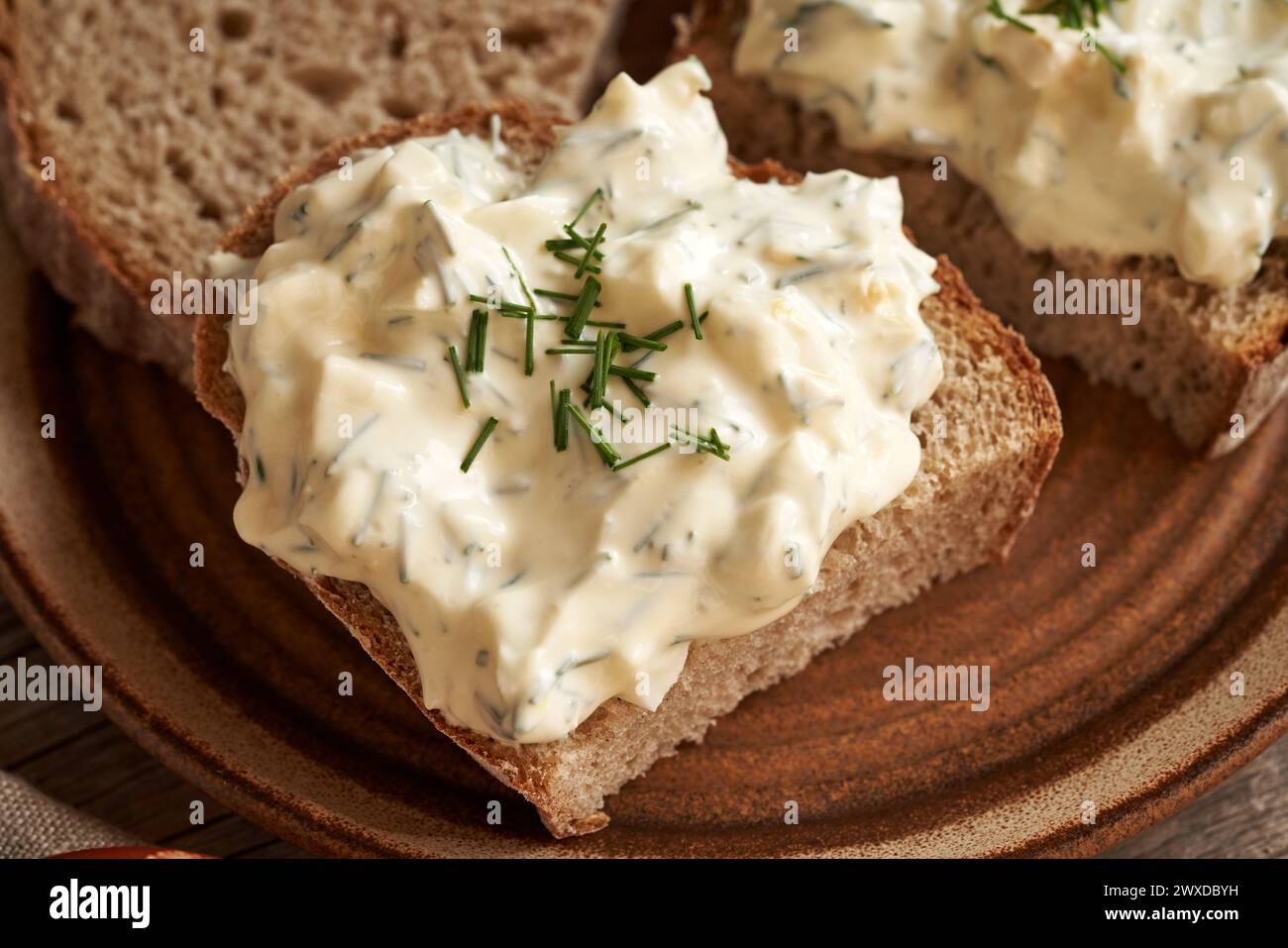 A slice of bread with spread made of leftover hard boiled Easter eggs ...