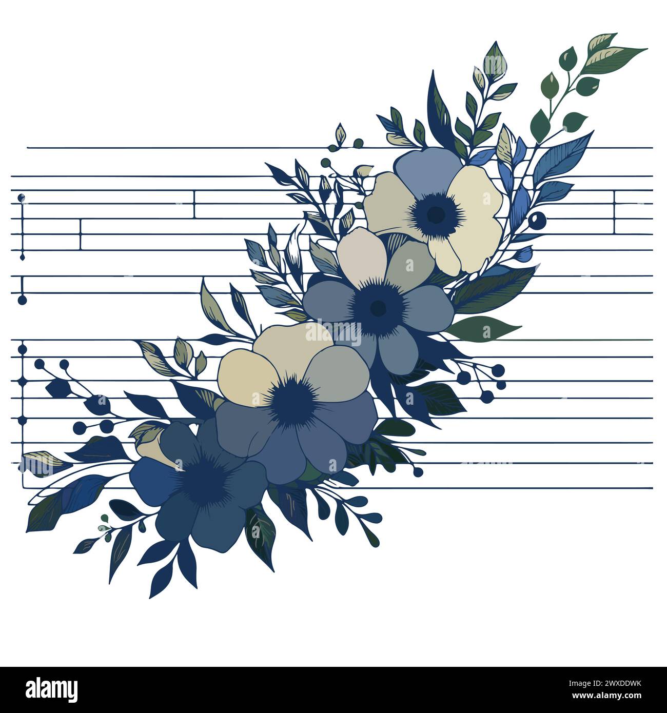 Composition of flowers on a background of notes, minimalist sketch of ...