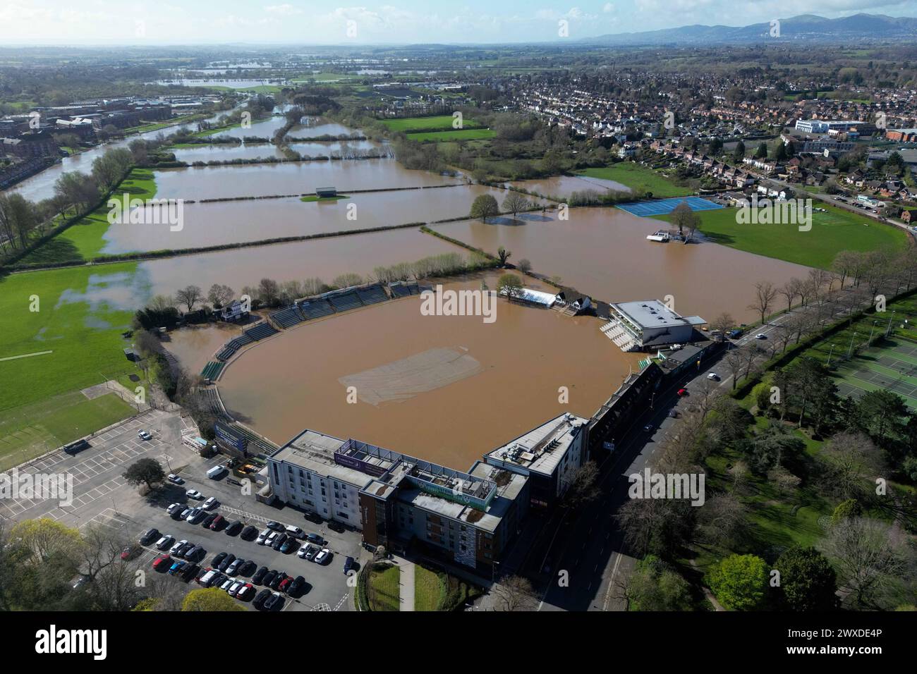 An aerial view showing a flooded New Road Cricket Club, home of ...