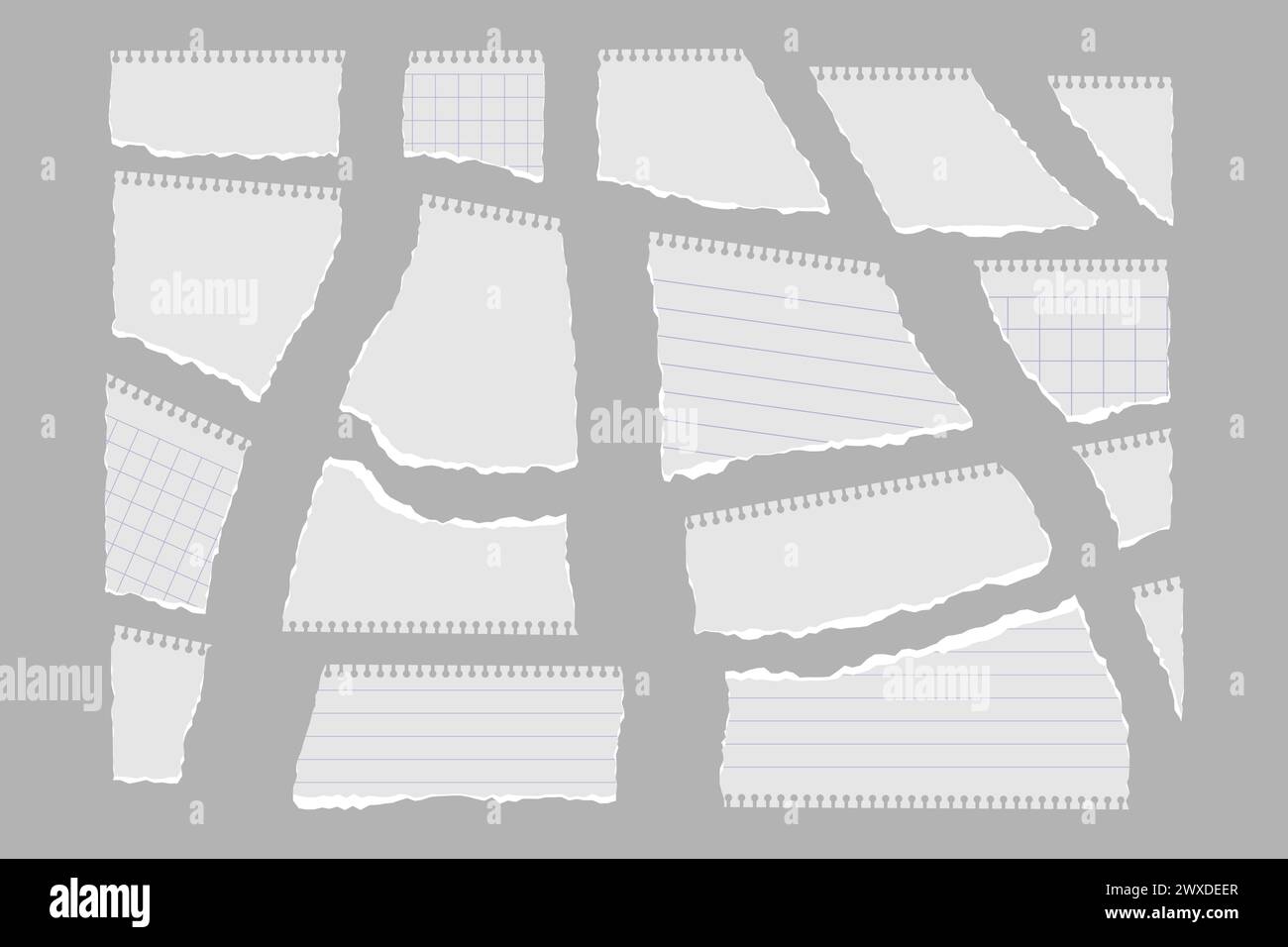 Pieces of torn note paper on grey background. A set of different ...