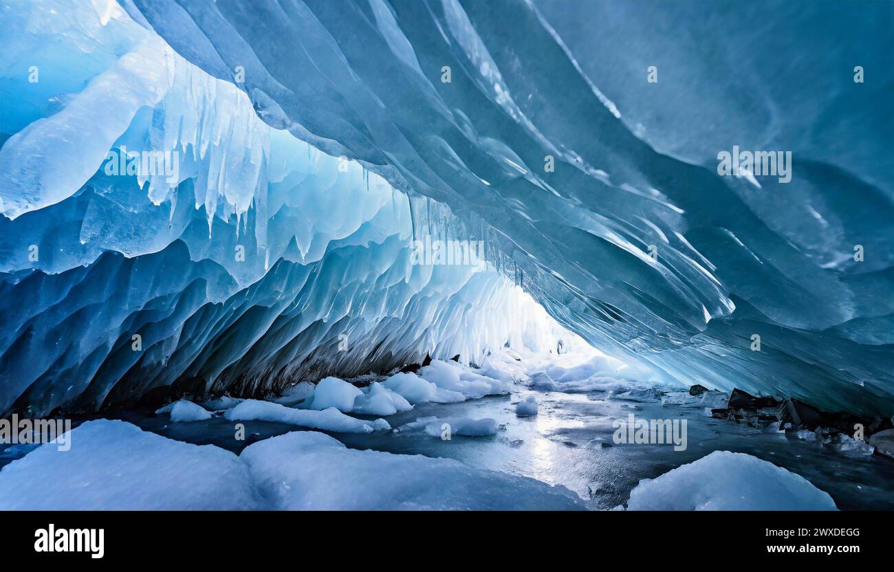Crystalline ice cave in blue color. Soft glow. View from inside ...