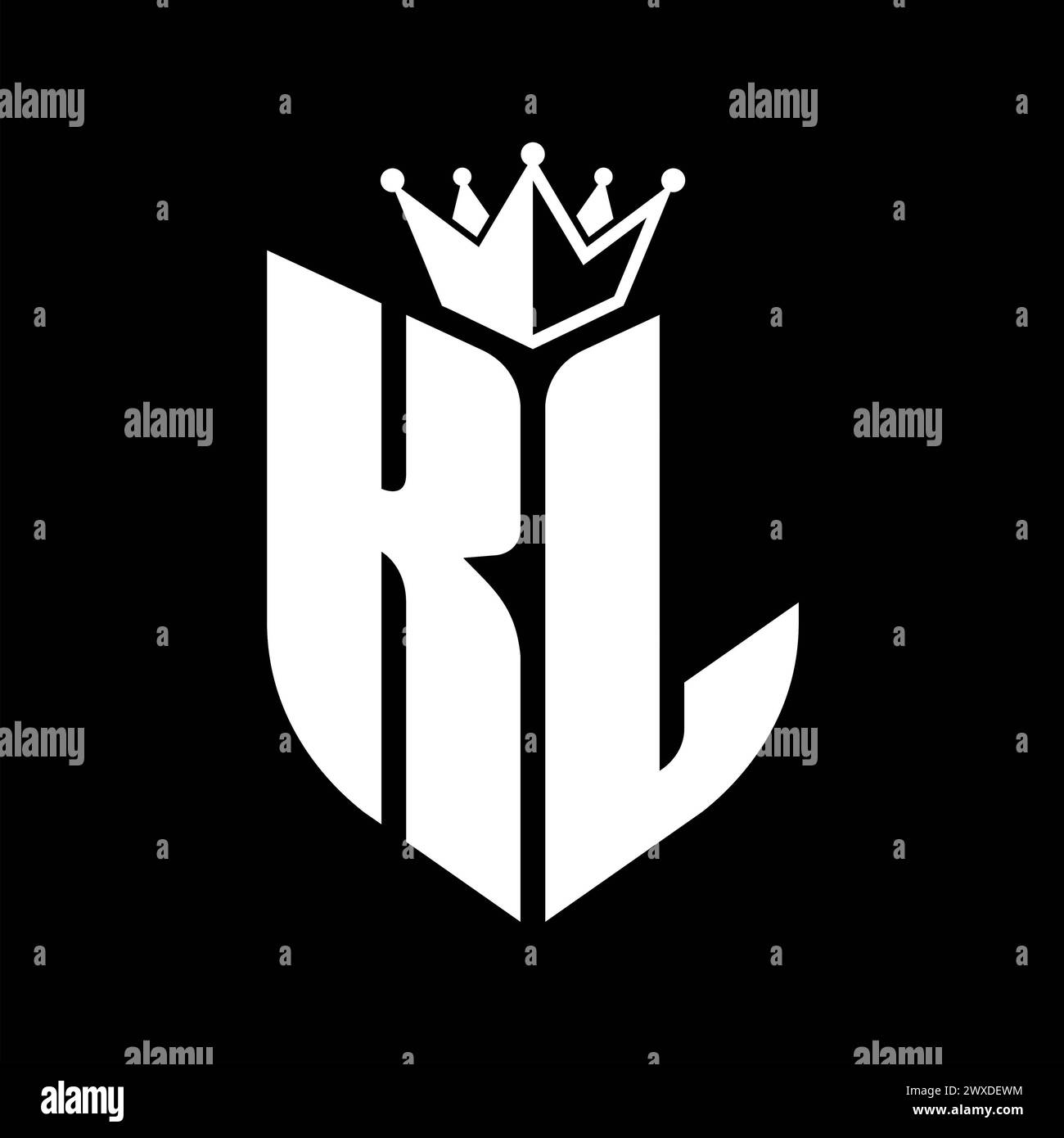 KL Letter monogram with shield shape with crown black and white color ...