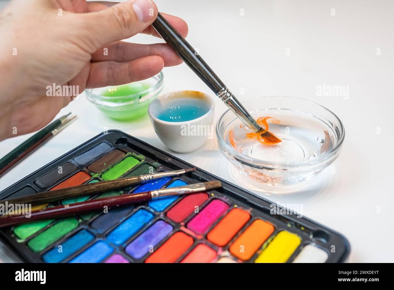 Detail side view of a watercolor brush dropping red pigment into a ...